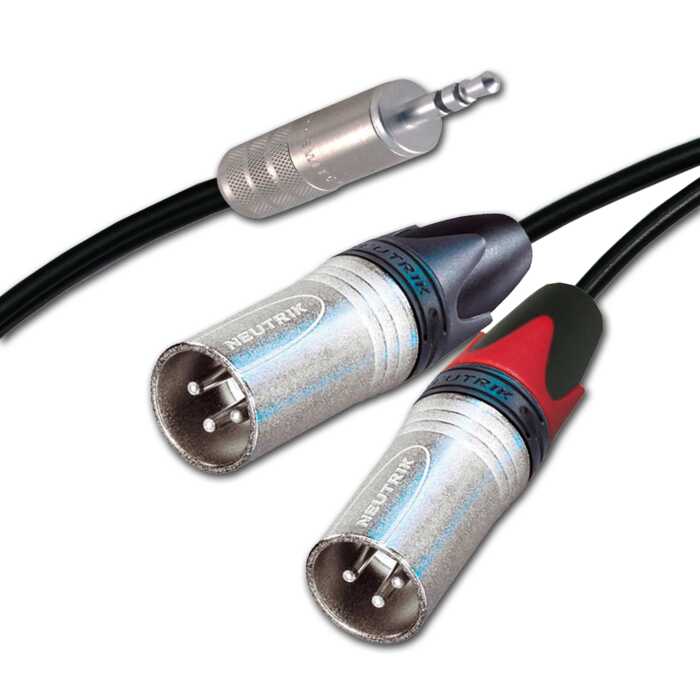 Switchcraft 3.5mm Mini Jack to dual Male XLRs. Stereo Splitter Lead.